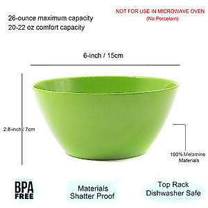 KOXIN-KARLU 6-inch Melamine Bowls, 26-ounce Cereal Bowls Salad Bowl, set of 6 Multicolor | 100% Melamine, Dishwasher Safe, BPA Free