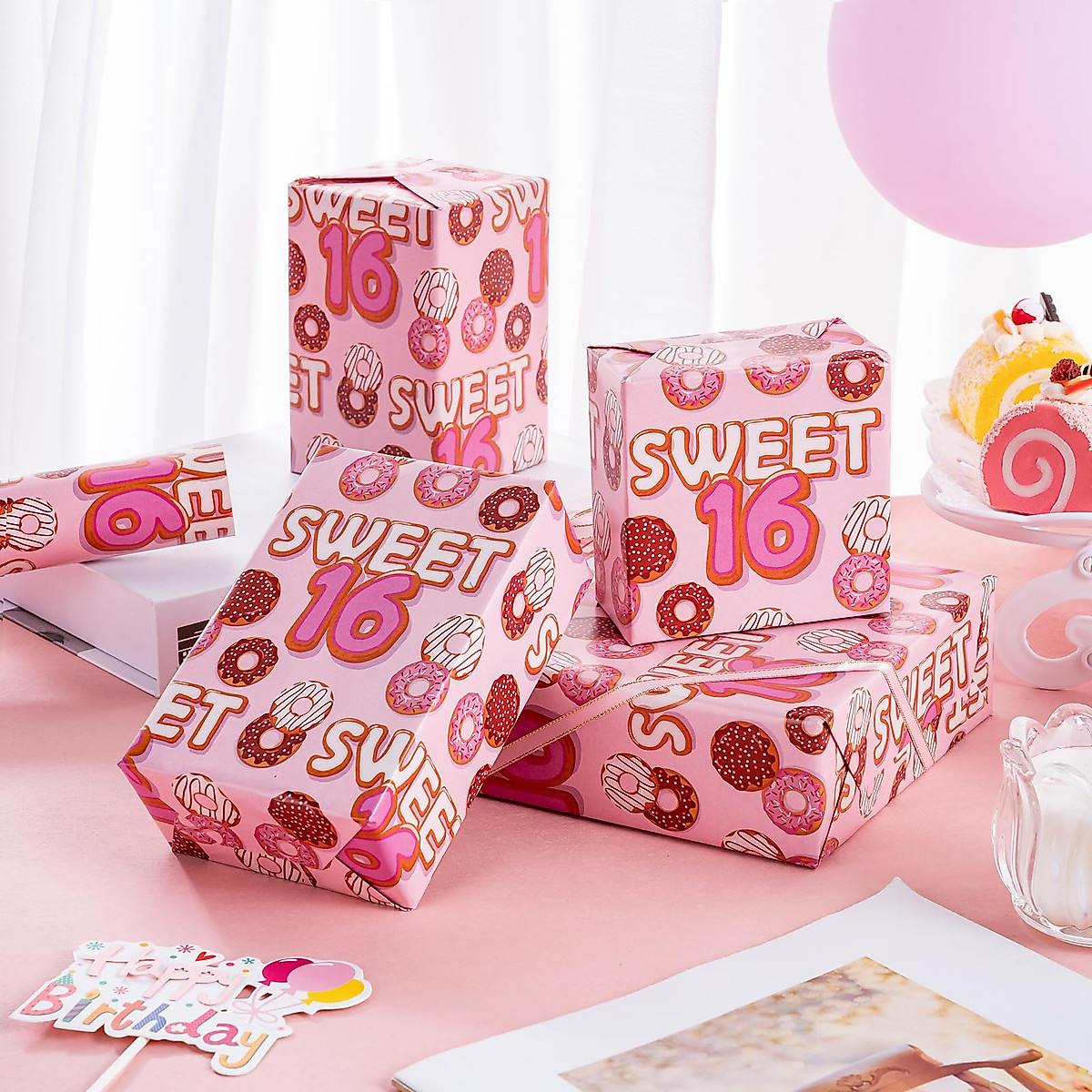 WRAPAHOLIC 16th Birthday Wrapping Paper - Mini Roll - 17 Inch X 33 Feet - Sweet 16 for Birthday, Party, Holiday