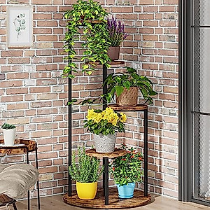LITTLE TREE 5-Tier Corner Plant Stand, Free Standing Wood Metal Flower Rack Pot Shelf Display with Round Board, Garden Patio Balcony Plant Holder for Indoor Outdoor Living Room, Bedroom, Rustic Brown