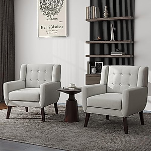 UIXE Comfy Arm Accent Chairs for Bedroom, Mid Century Modern Armchair Living Room Sofa Chair with Wooden Legs, Linen Fabric Button Tufted Upholstered Reading Chair for Home Office (Beige)