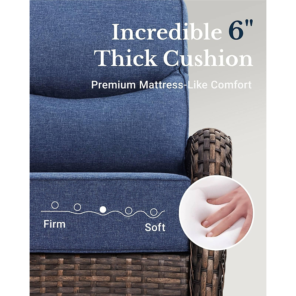 HILLGA 3 Pieces Rocking Chair Outdoor with 6" Thick Cushion, Oversized Patio Rocking Chairs Set of 2, Comfortable High Back Wicker Rockers with Side Table for Garden Porch Balcony & Backyard(Blue)