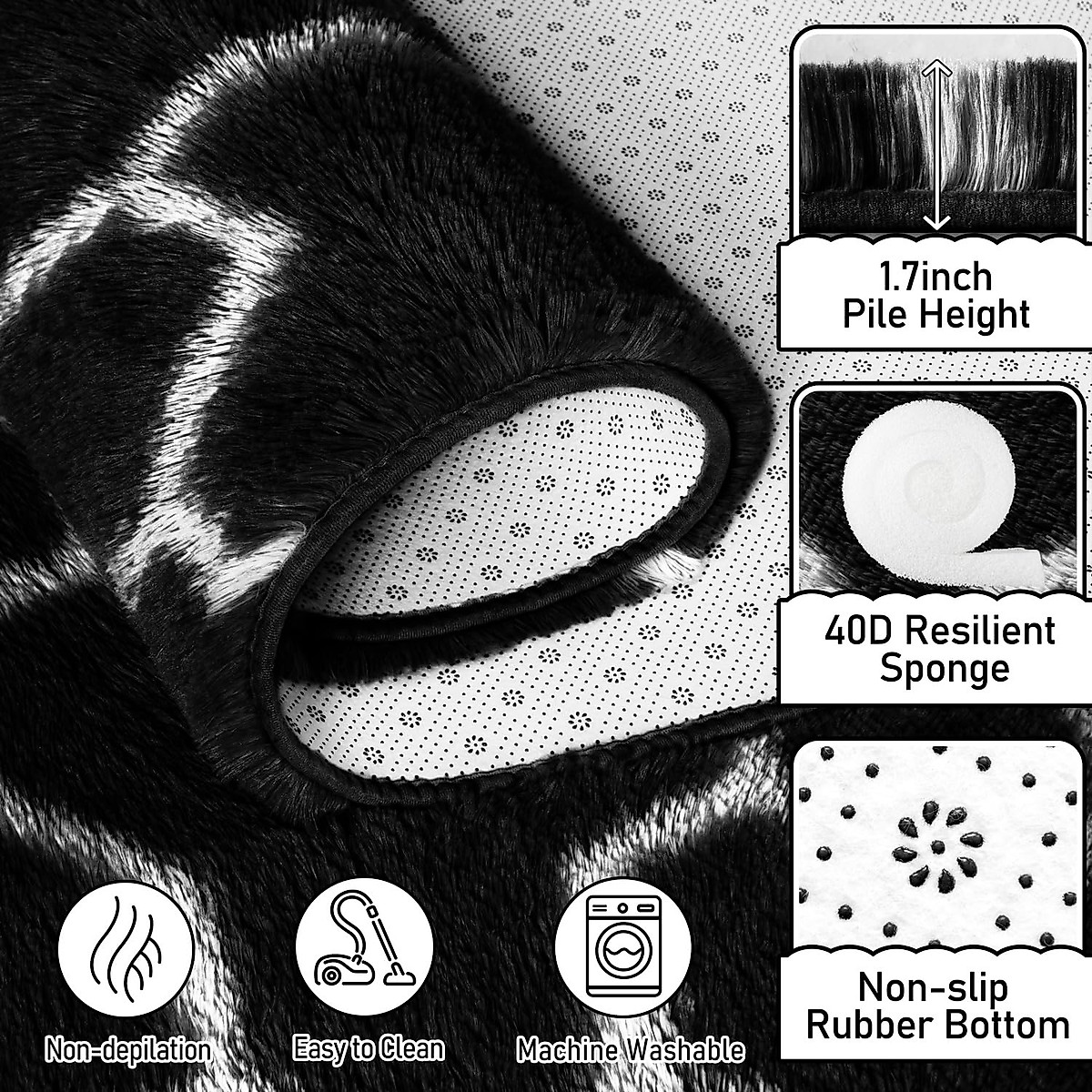 EVOIONOS Black White Area Rugs for Living Room, 3x5 Feet Fluffy Geometric Rug for Bedroom, Plush Shaggy Soft Indoor Floor Carpet for Kids Room Home Decor, Upgrade Non Slip Washable Aesthetic Rug