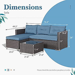 OC Orange-Casual Patio Furniture Set, All-Weather Outdoor Sectional Sofa Set, Wicker Lounge Couch with Glass Coffee Table for Deck Balcony Porch, Brown Rattan, Aegean Blue Cushion