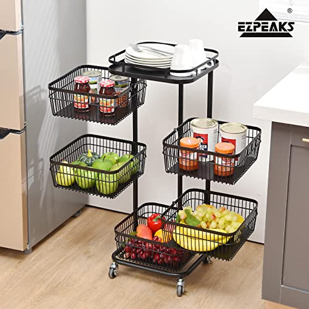 EZPEAKS 6-Tier Black Steel Kitchen Storage Tower Rounded Square Basket Shelves Organizer on Rolling Wheels with Detachable Drawers for Fruit Vegetable Grocery Spice (34.18” H, 13.39” W, 13.39” L)