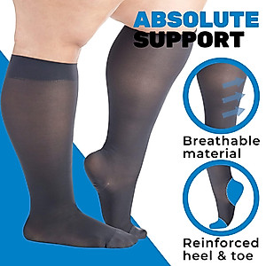 ABSOLUTE SUPPORT Made in USA - Sheer Compression Socks for Women 20-30mmHg | For Swelling, Lymphedema, DVT, Post Surgery Recovery - Black, Large, A205BL3