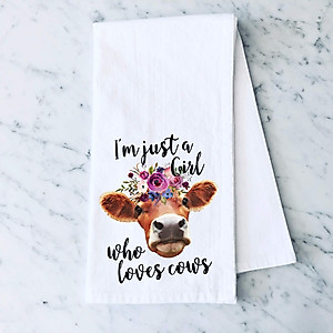 I'm Just a Girl Who Loves Cows Floral Funny Farm Flour Sack Cotton Tea Towel Kitchen Linen