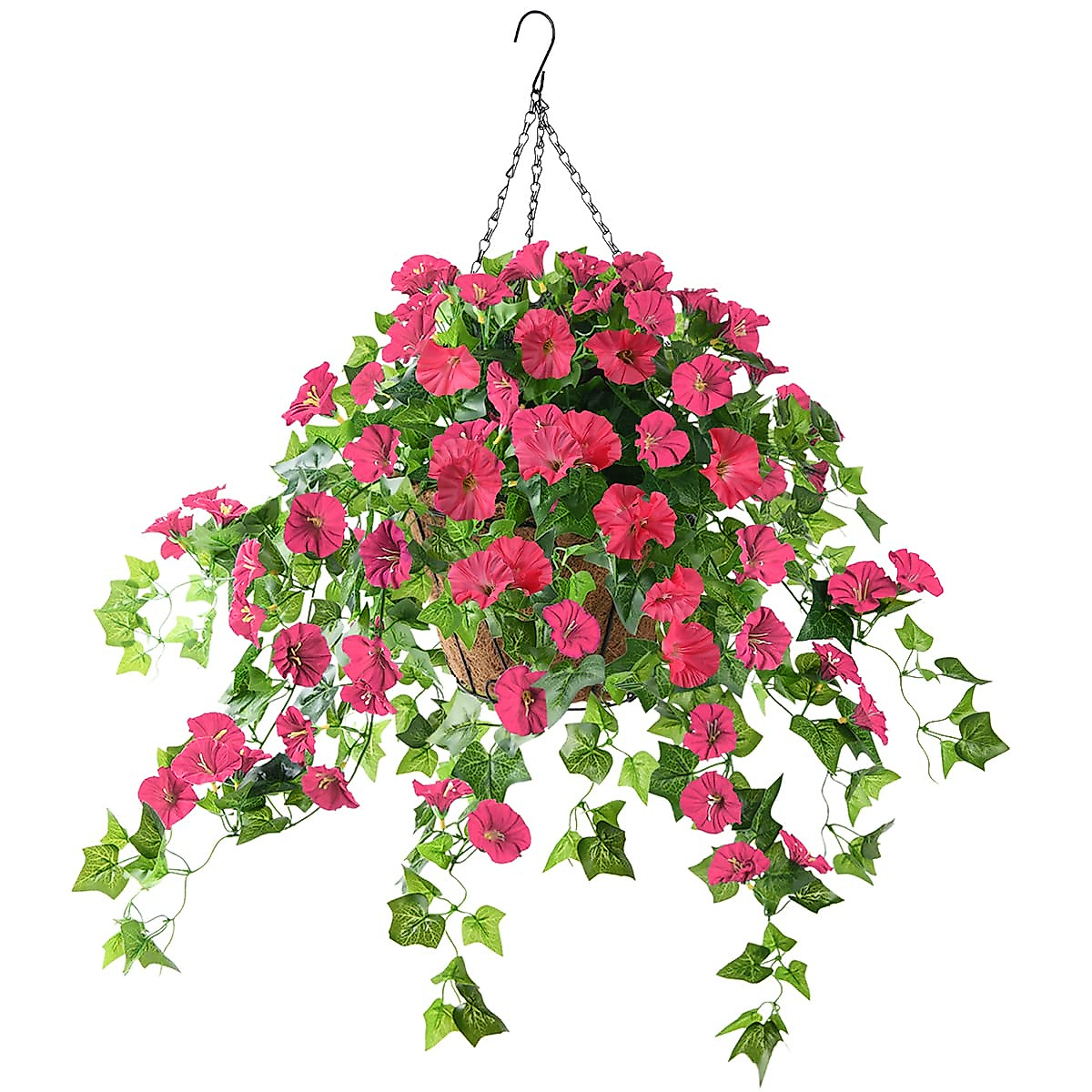 Hanging Basket with Artificial Vine Fake Silk Flowers Plants for Outdoor Indoor, Coconut Lining Basket for Patio Lawn Garden Porch Home Spring Decor (Red)