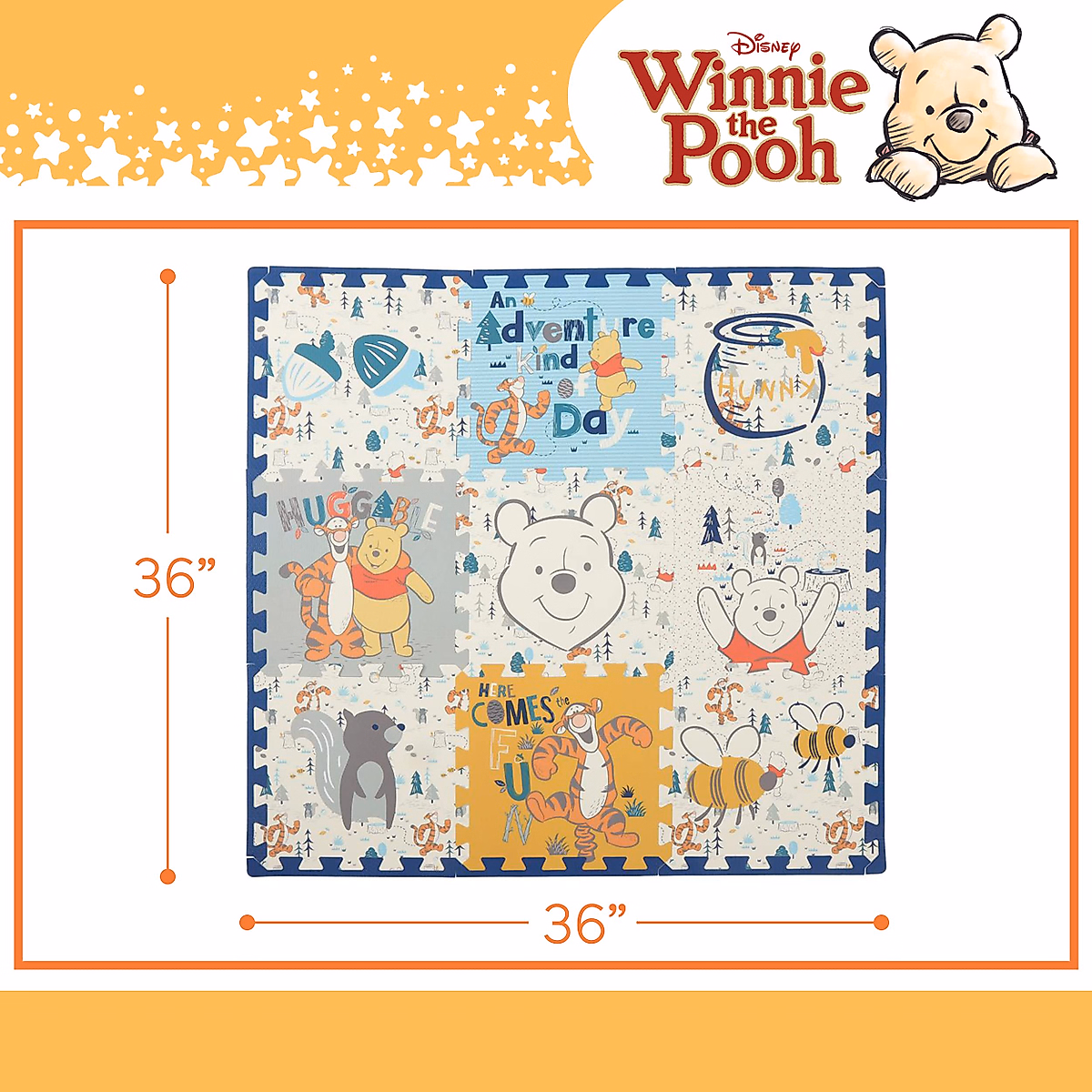 Disney Winnie The Pooh EVA Foam Mat, Winter Prairie Interlocking EVA Foam Flooring Tiles, Yellow, 36 x 36 Inches