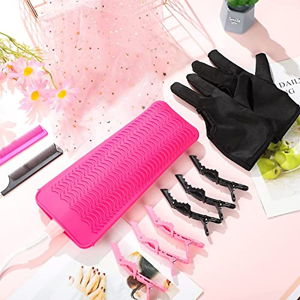 Heat Resistant Gloves for Hair Styling 3 Finger Curling Wand Glove Silicone Heat Mat Pouch 6 Pcs Hair Clips and 2 Pcs Styling Comb for Curling Iron Wands
