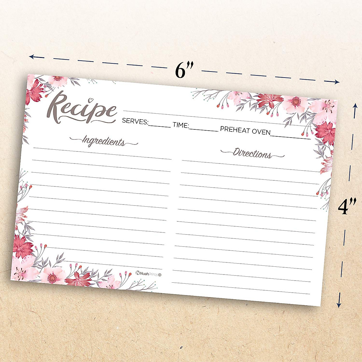 Nuah Prints Double Sided Recipe Cards 4x6 Inch, Set of 50 Thick Cardstock Recipe Cards with Lines, Easy To Write On Smooth Surface, Line Printed, Large Writing Space (Flower Design)