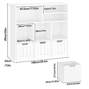 Toy Storage Cabinet with 3 Movable Drawers & 6 Cubes, Children's Toy Shelf Kids Bookshelf with Hidden Wheels, Kids Bookcase Toy Storage Organizer for Bedroom & Playroom & Nursery