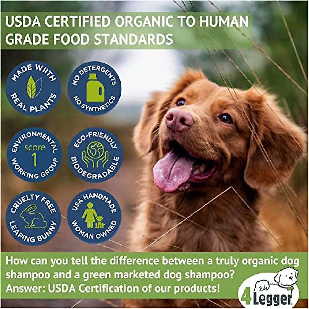 4Legger Organic Dog Shampoo USDA Certified Organic Aloe Vera, Lemongrass, Coconut Oil, All Natural Dog Shampoo, Dog Shampoo Sensitive Skin, Dog Shampoo for Itchy Skin 16 oz