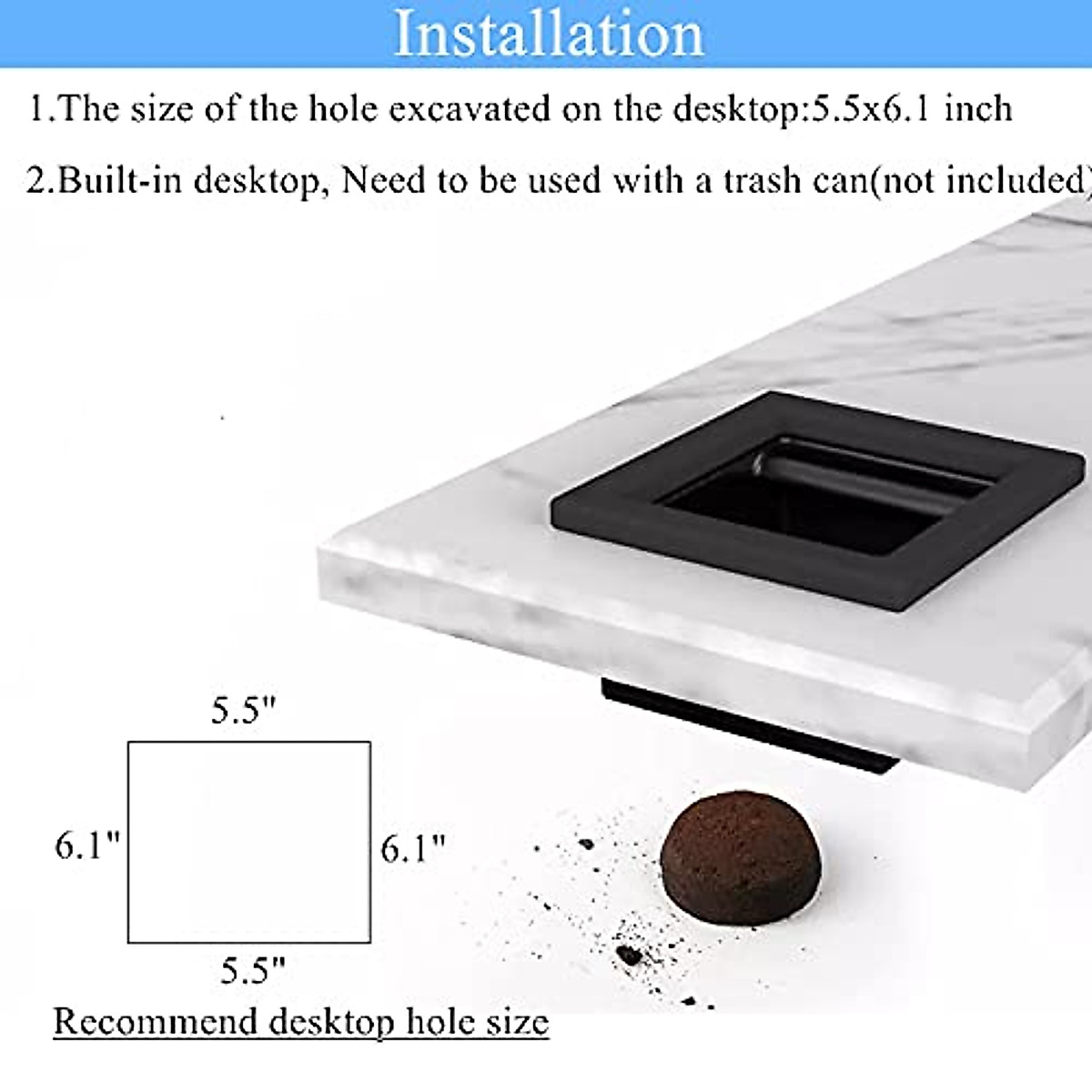 DIBTSA Espresso Coffee Ground Knock Box Chute, Built-in Desktop Waste Bucket, Stainless Steel Bottomless Knocking Residue Box (Rectangle)