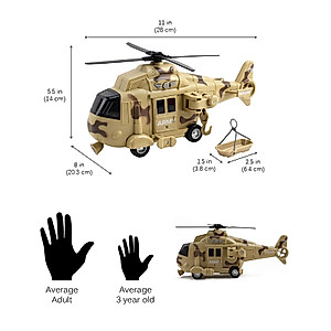 Vokodo Military Helicopter 11" With Lights Sounds Push And Go Includes Rescue Basket Durable Toy Friction Power Kids Army Soldier Chopper Pretend Play Truck Great Gift For Children Boys Girls Toddlers