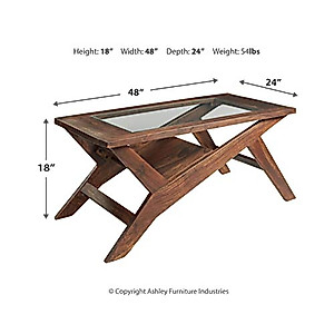 Signature Design by Ashley Charzine Contemporary Rectangular Coffee Table with Clear Tempered Glass Top, Brown