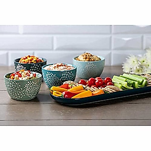 BAUM Mums Ceramic Serve 5-piece Serve Set (1) Tray & (4) Bowls Blue Floral Appetizer Serving Bowls Set, White