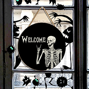 Halloween Decorations Wreath Halloween Skull Welcome Door Sign Front for Door Decoration, Rustic Wooden Holiday Decor for Front Door Porch Window Wall Farmhouse Indoor Outdoor