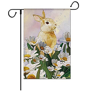 WODISON Easter Garden Flag Welcome Bunny Daisy, Water Color Double Sided 12x18 Inch Burlap For Yard Outdoor Home Decoration Banner (Only Flag)
