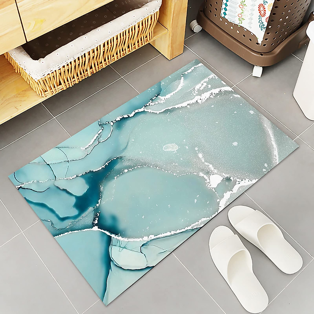 Kitchen Mat 2PCS Marble Texture Abstract Teal White Gold Glitter Splatter Kitchen Rugs Kitchen Organization, Anti-Fatigue Kitchen Floor Mats Kitchen Decor Runner Rug Room Decor Standing Desk Mats