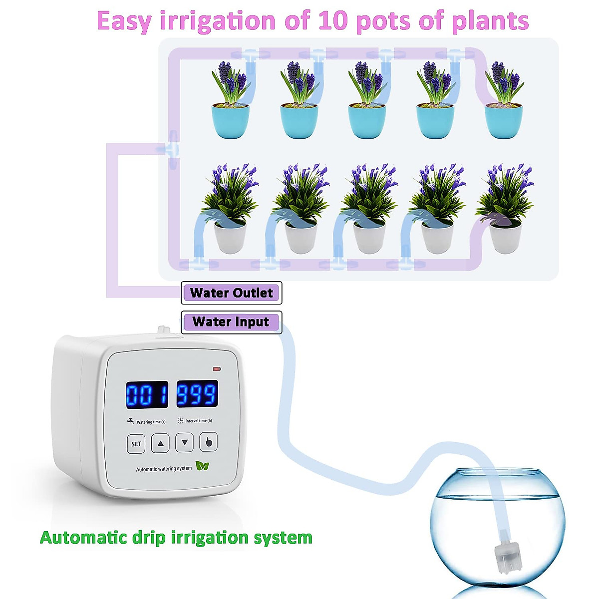 automatic drip irrigation kit auto plant waterer for 10 potted plants self watering planter System Dual display ergonomic Easy DIY Indoor white