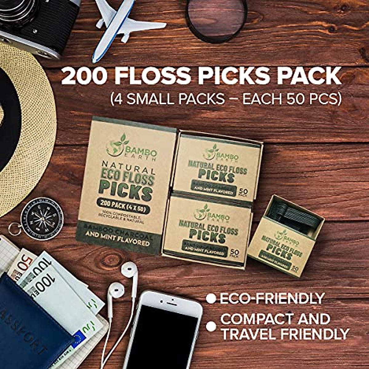Natural Dental Floss Picks - Eco Friendly Cruelty Free & Vegan Tooth Flossers Pick Set with Biodegradable and Compostable BPA Free Handle & Zero Waste Packaging - 200 Pack (Bamboo Charcoal Flavored)