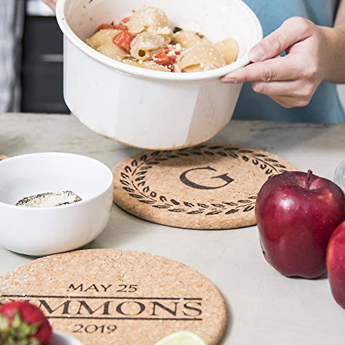 Custom Catch Personalized Cork Trivet Gift - (2) 7" Hot Pads - Monogram Wreath Customizable Trivets for Hot Dishes, Pots, Pans, Baking Sheets, Hot Plates for Table, Countertop, Kitchen