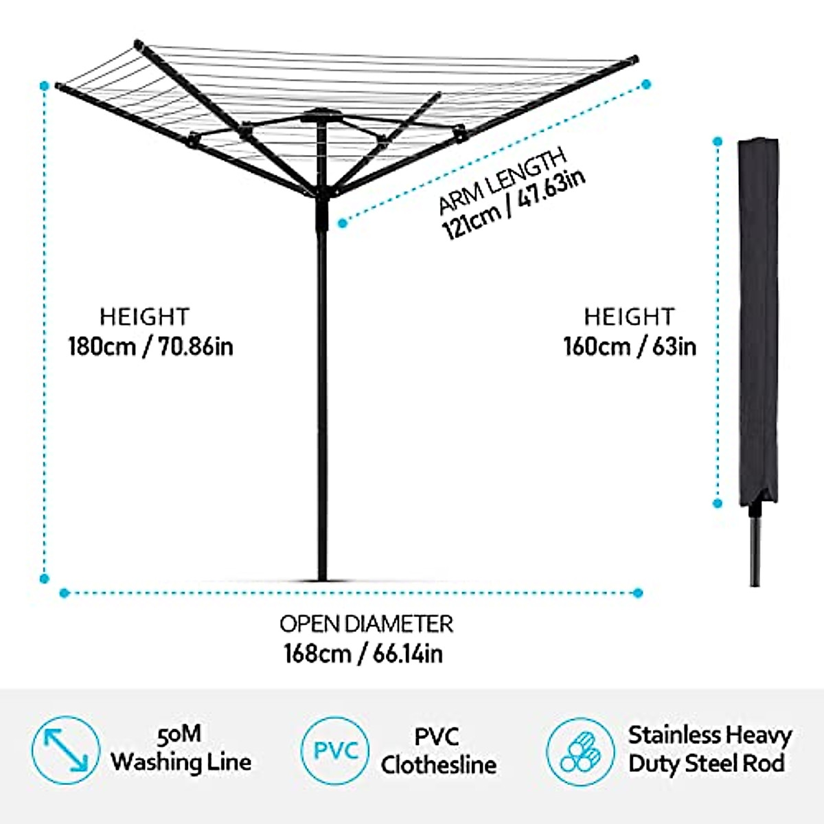 Nisorpa Rotary Outdoor Umbrella Drying Rack Adjustable Height Clothesline w/Waterproof Protective Cover Folding Rotary Dryer with 4-Aluminum Arms and Steel Post | 12-Lines with 165 ft. Clothesline