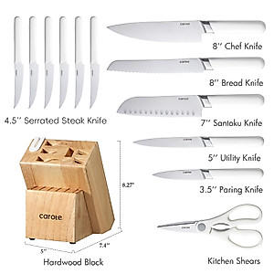 CAROTE 14PCS Kitchen Knife Set with Block, Stainless Steel Blade Knife Block Set, Knife Set with Built-in Sharpener, Razor-Sharp,White
