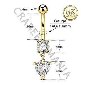 CM Crareesi Mania 14K Gold Belly Rings for Women Dangle CZ Belly Button Rings 14K Solid Yellow Gold Belly Button Piercing Jewelry 14G Heart Navel Piercing Jewelry