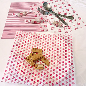 ZZJ 150pcs Valentine's Day Wax Paper, Food Picnic Paper, Greaseproof Paper,Waterproof Dry Hamburger Paper Liners Wrapping Tissue for Plastic Food Basket (Rose Heart Stripe)