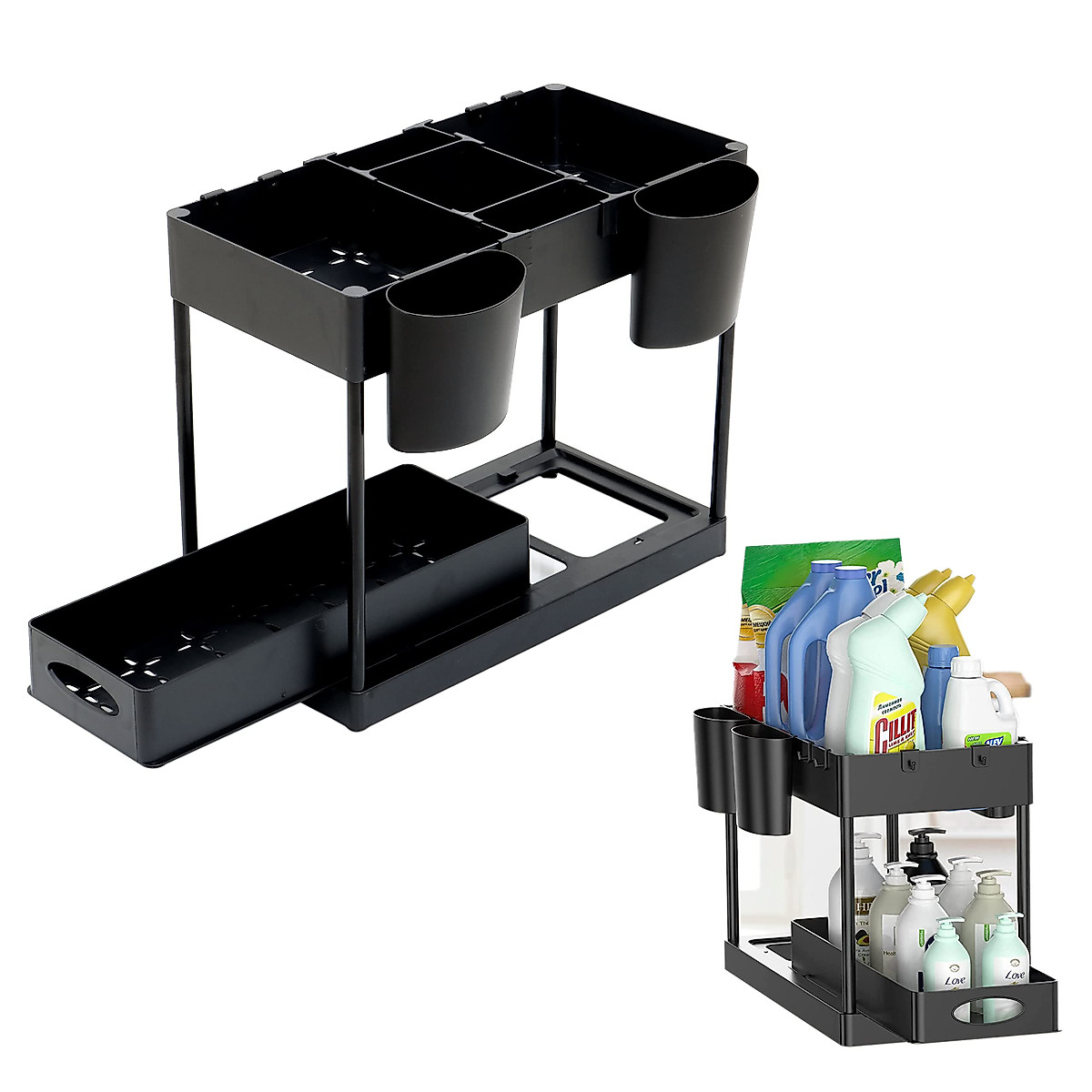 Under Sink Organizers and Storage with 4 Hooks, 2 Hanging Cups & Dividers Under Sink Cabinet Basket Storage 2 Tier Shelf for Bathroom and Kitchen (Black)
