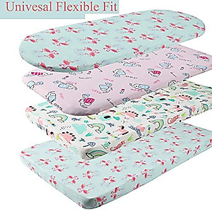 Tontukatu Bassinet Sheet Set 3 Pack Jersey Knit Ultra Soft Flexible Breathable Baby Girl Boy Fit for Halo, MiClassic, Chicco Lullago Mattress and More Flamingo Elephant Horse Lt Green Pink