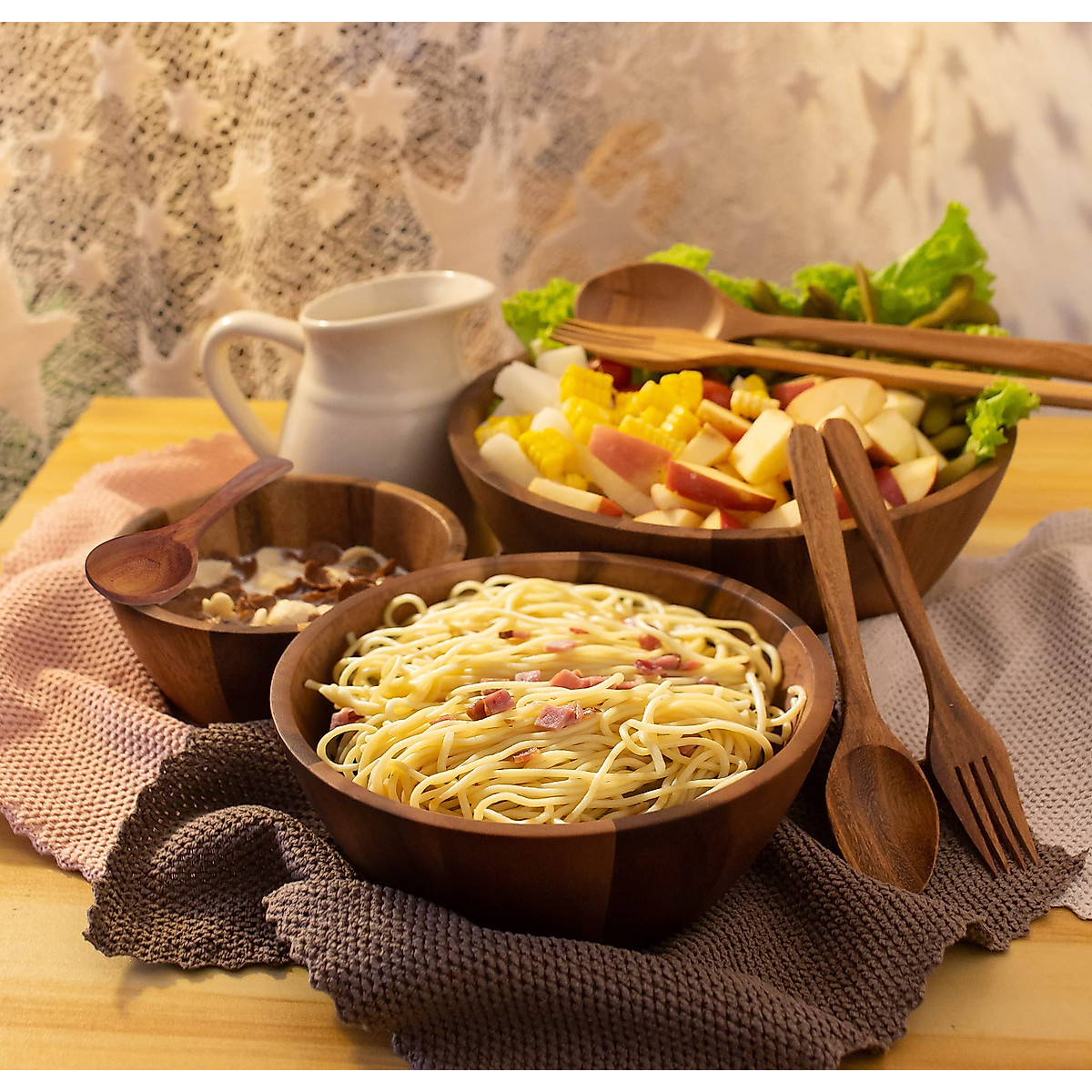 Large Acacia Wood Nesting Round Set 3 Serving Bowls 9½” 8½” 7” with Utensils Wooden Forks and Spoons Mix size Stackable Dish for Fruit Salad Vegetables Pasta Soup Cereals Decorative Wooden Nest Bowl