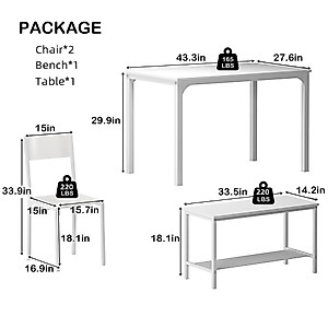 SogesHome 43.3'' Kitchen Dining Table Set for 4, 4 Piece Kitchen Table Bench Chairs Setfor 4, Space-Saving Table Set for Restaurant, Coffee Shop,White