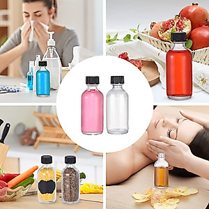 72, 2oz Small Clear Glass Bottles with Lids Boston Round Sample Bottles for Essential Oil Vanilla Hot Sauce Juice Whiskey Bourbon Liquid come with 5 Funnels,5 Droppers,72 Labels,1Brush&Chalk Marker