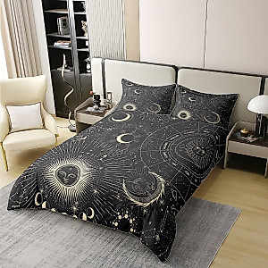 Erosebridal 100% Cotton Bohemian Sun Moon Comforter Cover Constellation Duvet Cover Starry Sky Bedding Set Exotic Style Black Room Decorative Quilt Cover 1 Duvet Cover with 1 Pillow Sham Full Size