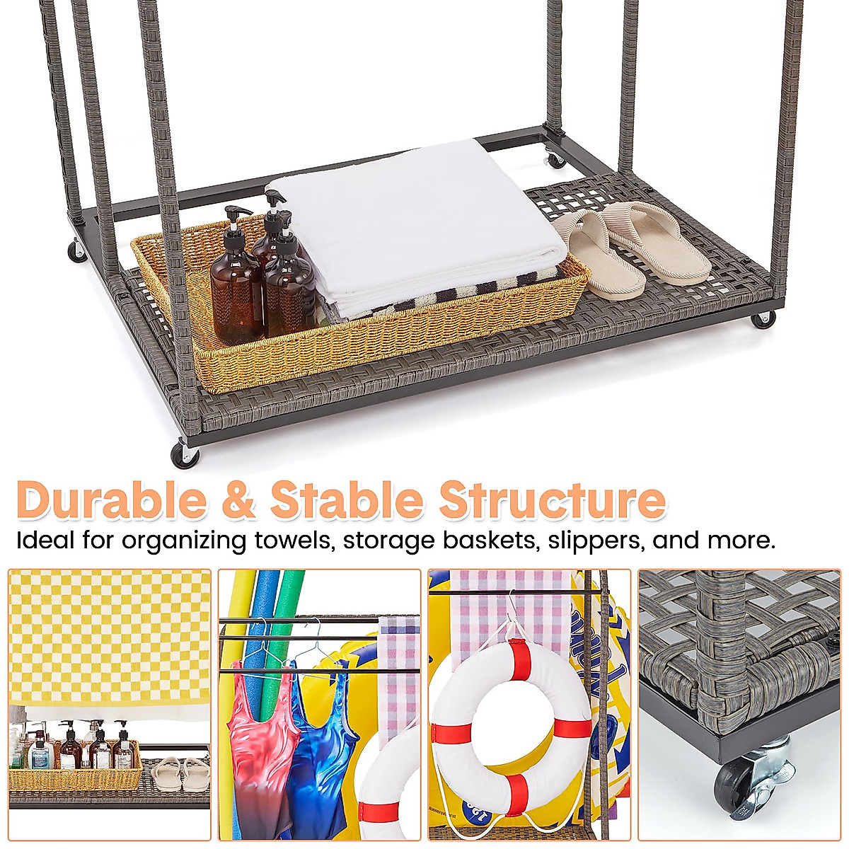 GAOMON Pool Towel Rack Outdoor with Rattan Base,5 Bar Free Standing Poolside Beach Towel,Rattan Weaving Outdoor Towel Rack,Storage Organizer with Compartment for Floats, Pool Noodles, Swimming Rings