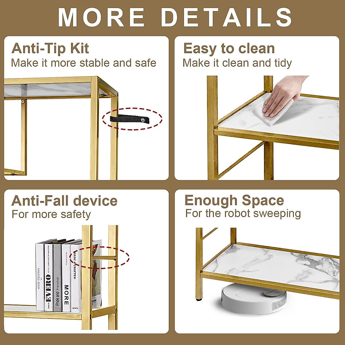 AT-VALY 6 Tier Bookcase Bookshelf, 72.4”Tall Modern Freestanding Bookshelf with 6 Shelves, Faux Marble Open Display Storage Book Shelves for Living Room Bedroom Home Office (Gold)
