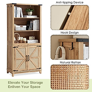 Barnyatoh Farmhouse 5 Tier Bookcase with Rattan Doors, 70" Tall Bookshelf with Storage Cabinet, Boho Wooden Furniture Bookshelves for Living Room, Home Office