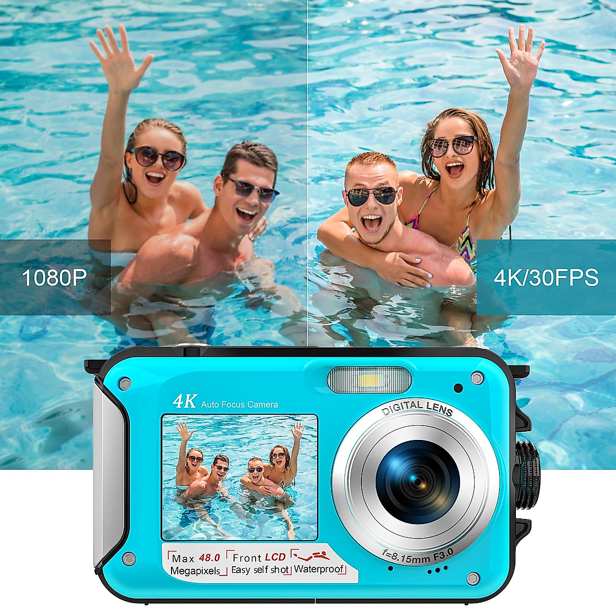Waterproof Digital Camera 4K 48MP 11FT Autofocus 16X Digital Zoom Waterproof Camera with 32G Card Selfie Dual Screens Underwater Camera
