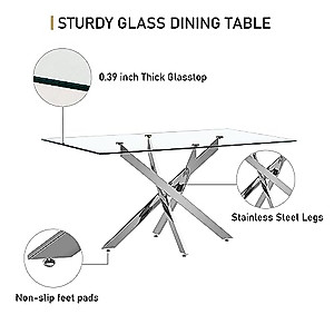63" Glass Dining Table for 6, Rectangular Glass Dining Room Table with 0.39" Tempered Glasstop & Silver Stainless Steel Pedestal Base, Modern Dining Table for Kitchen Dining Living Room