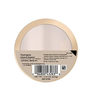 Neutrogena Mineral Sheers Lightweight Loose Powder Makeup Foundation with Vitamins A, C, & E, Sheer to Medium Buildable Coverage, Skin Tone Enhancer, Face Redness Reducer, Natural Beige 60,.19 oz