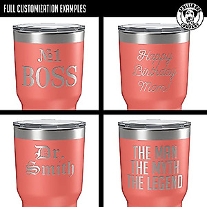 Personalized 30oz (17 Colors) Powder Coated Insulated Stainless Steel Tumbler with Lid, Custom Etched, Customized Text Message Name, Engraved Gift Idea Women Men Him Her, Your Text Here (Coral)