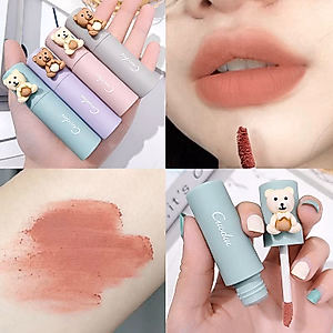 pulunto Mist Matte Velvet Lipstick, Waterproof Long Lasting Lip Gloss, Non Stick Cup Easy Coloring Liquid Lipstick, Cute Bear Beauty Makeup