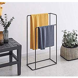 Towel Holder Stand Floor Standing Towel Rack for Bathrooms with 2 Towel Rails Modern Black Freestanding Shelf Storage Metal with Rust-Resistant Finish for Bath Towels and More