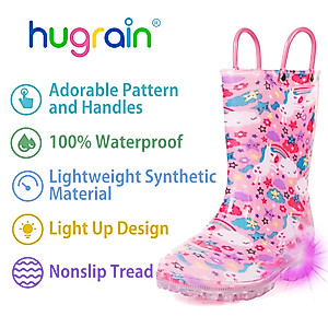 HugRain kids Girls Boys Rain Boots Toddler Light Up Printed Waterproof Shoes Lightweight Adorable Cute Pink Unicorn Rubber with Easy-On Handles and Insole (Size 13,Pink)