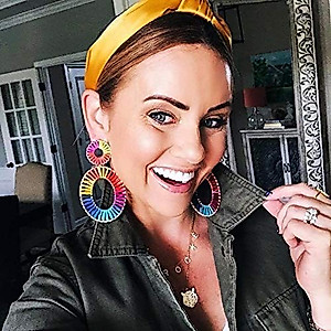 Statement Rattan Raffia Hoop Drop Earrings for Women Geometric Handmade Colorful Rainbow Earring