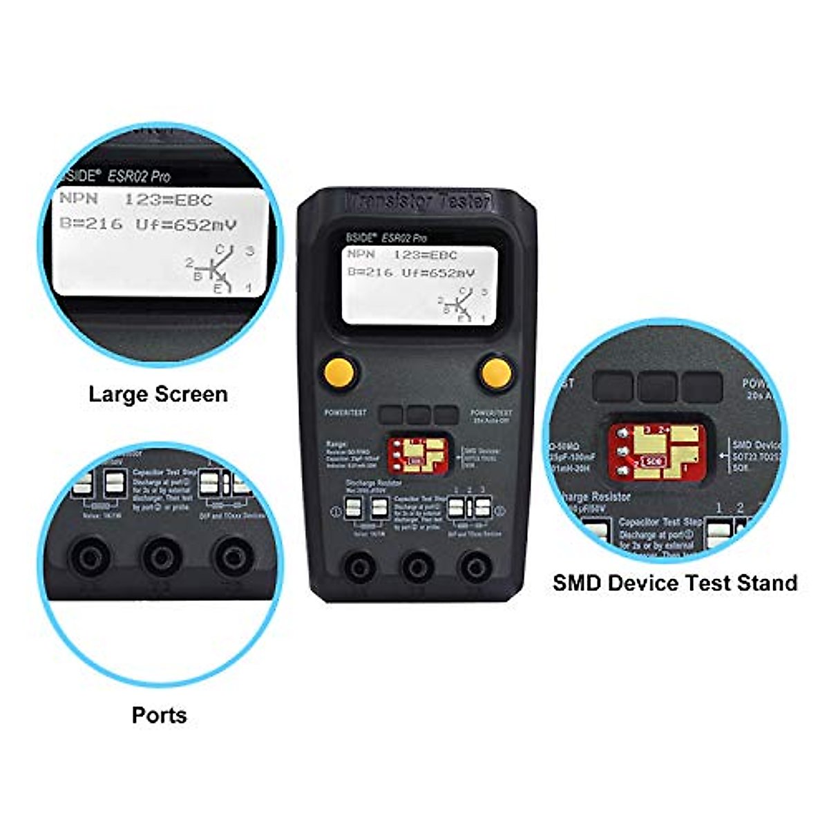 BSIDE ESR02 PRO Digital Transistor Tester SMD Components Meter Mega328 NPN/PNP Diode Triode Capacitor Inductance ESR Checker with Tweezers