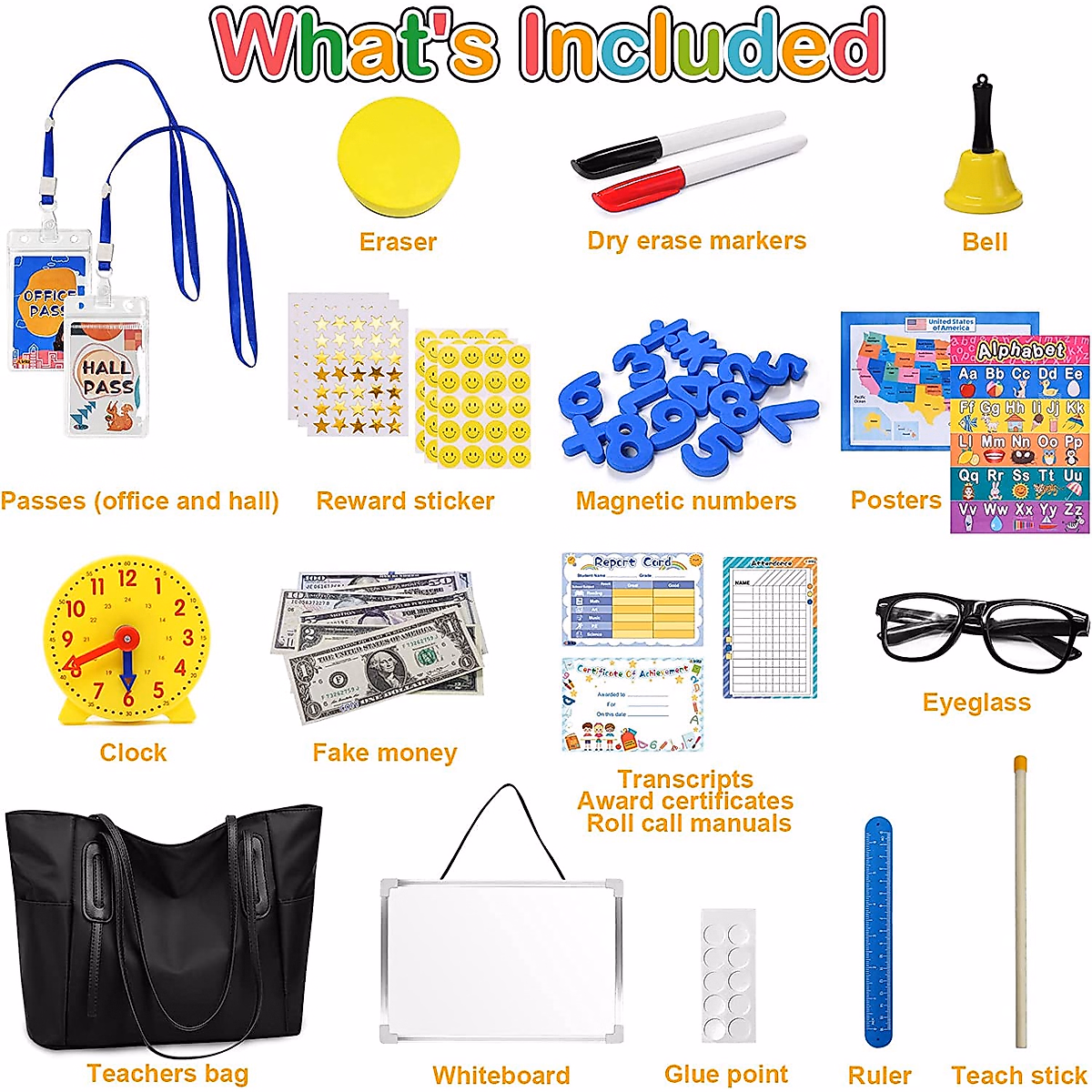 Alritz Pretend Play Teacher Set Classroom Learning Education Includes Reusable White Board Bell Clock and More, Be Teacher Student, for Boys Girls 5 6 7 8 9 10 11 12 Years Old