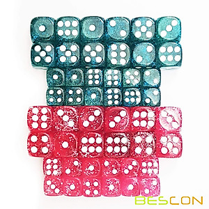 Bescon Ethereal Glitter Dice D6 16MM&12MM 48pcs Set, Game Dice Glitter Rose and Teal in 12MM&16MM Each 12pcs